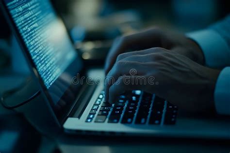 Hands Typing Code On Laptop Keyboard In Dim Lighting Stock Image