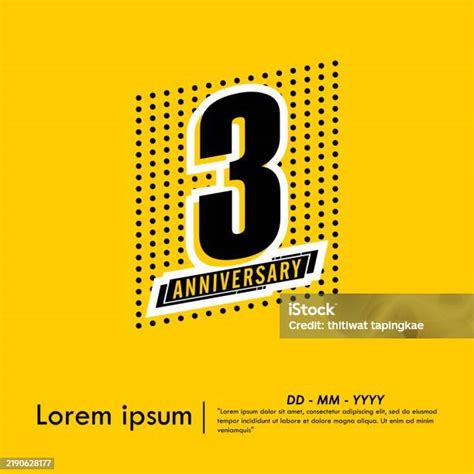 3 주년 기념 엠블럼 기념일 로고는 노란색 배경에 리본과 물방울 무늬 패턴으로 고립되어 있습니다 웹 전단지 포스터 초대장 또는 인사말 카드에 대한 벡터 일러스트 레이 션