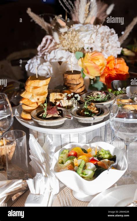 Assorted Snacks With Bruschetta And Pate On The Festive Table Stock