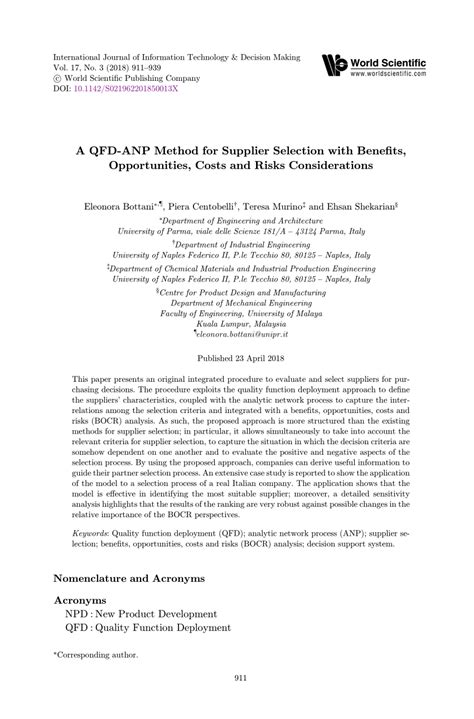 Pdf A Qfd Anp Method For Supplier Selection With Benefits Opportunities Costs And Risks