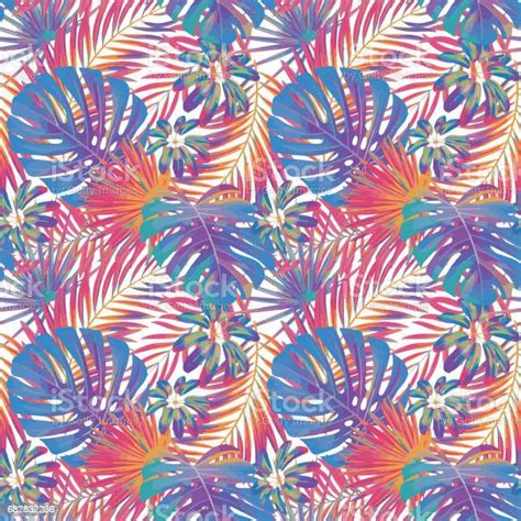 여름 이국적인 꽃 열 대 야자수 몬스 테라 보라색과 붉은 색에서 단풍 벡터 완벽 한 패턴입니다 식물 자연 바탕 화면 0명에 대한 스톡 벡터 아트 및 기타 이미지 Istock