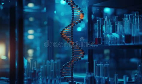Dna Double Helix Structure In Laboratory Setting Illuminated By Blue