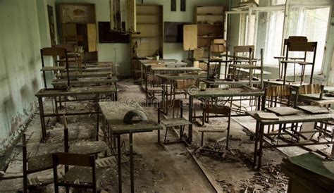 Destroyed Classroom In An Abandoned School In The Town Of Pripyat Stock