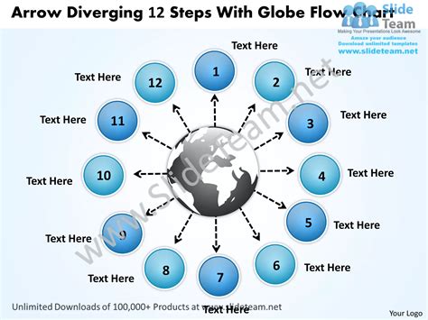 arrow diverging 12 steps with globe flow chart arrows network software