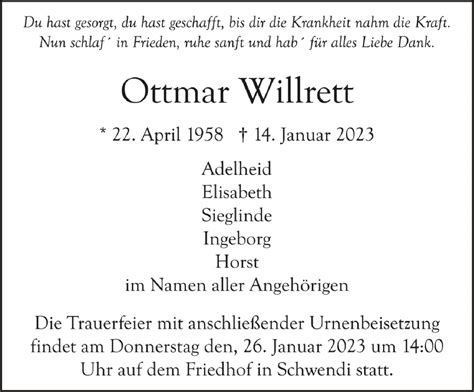Traueranzeigen Von Ottmar Willrett Schwaebische De Trauerportal