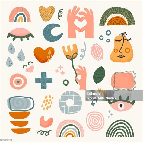 큰 손은 다양한 모양과 낙서 개체를 그렸습니다 얼굴 눈 손 무지개 및 프레임을 낙서합니다 입술에 대한 스톡 벡터 아트 및 기타 이미지 Istock