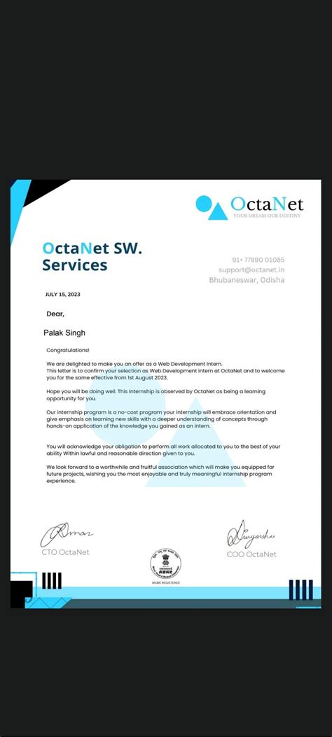 Palak Mahendra Tandel On Linkedin Octanet Internshipoffer Professionaldevelopment