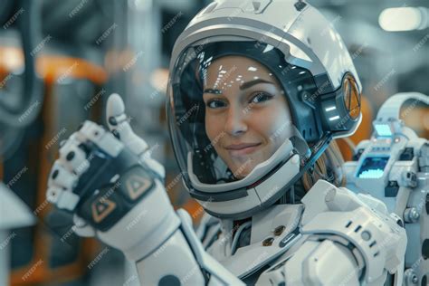 Caucasian Woman Engineer In Uniform Controls Robotic Arm In Factory Premium Ai Generated Image