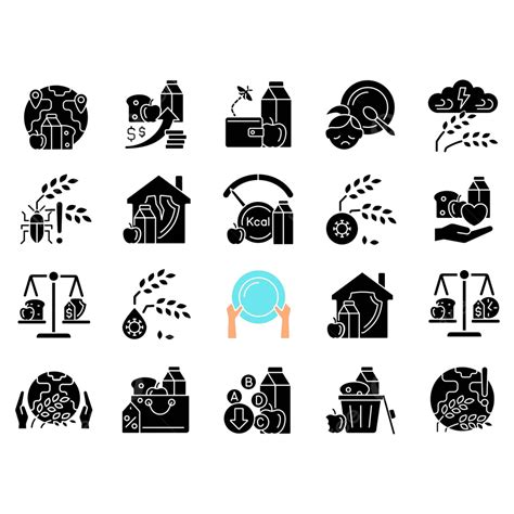 Set Of Black Glyph Icons On White Space Representing Hunger And Food Security Vector Vector