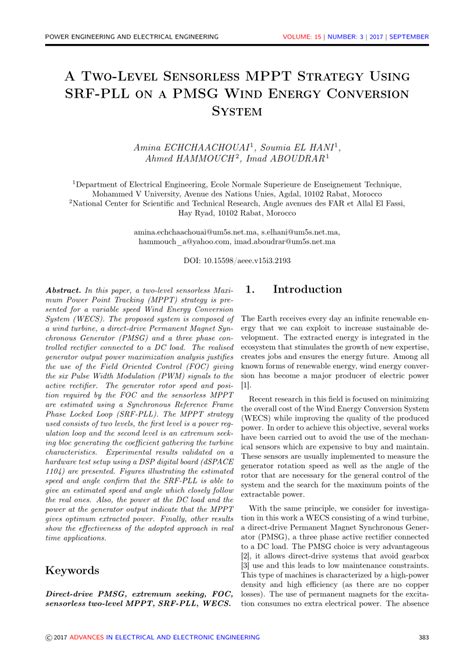 Pdf A Two Level Sensorless Mppt Strategy Using Srf Pll On A Pmsg Wind