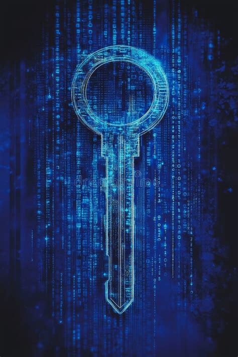 Glowing Key Unlocking Digital Potential In A Binary Data Stream Deep Blue Background Stock