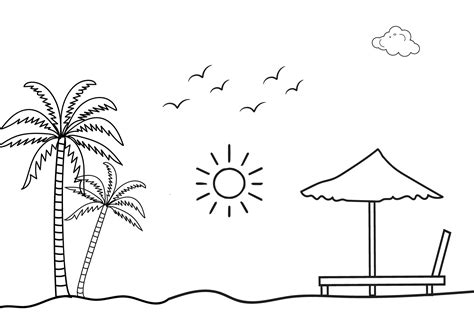 Summer Sunset Tropical Beach Line Art Vector Illustrationhand Drawn Sunlight And Sunrise