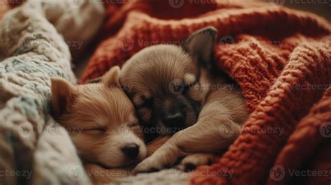 Two Adorable Puppies Snuggle Together Under A Cozy Blanket In A Warm