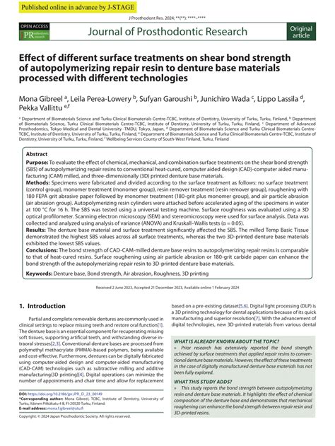 Pdf Effect Of Different Surface Treatments On Shear Bond Strength Of Autopolymerizing Repair