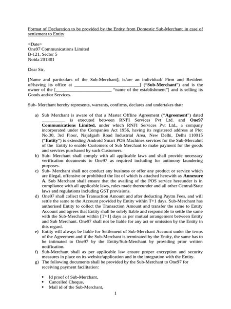 Declaration Letter Entity Settlement Proprietorship Partnership