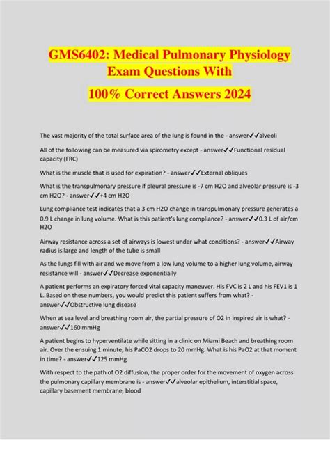 Gms6402 Medical Pulmonary Physiology Exam Questions With 100 Correct Answers 2024 Gms