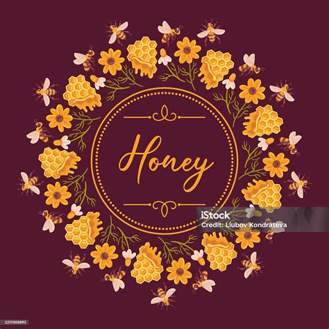 꿀벌의 벌집 구조를 특징으로 하는 아름답게 디자인된 벡터 일러스트레이션으로 원형 화환에 배열된 생생한 꽃으로 장식되어 있습니다 이 요소들은 자연의 풍요로움이 조화롭게 조화를