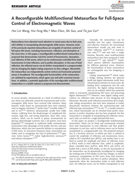 Wang Et Al 2021 A Reconfigurable Multifunctional Metasurface For
