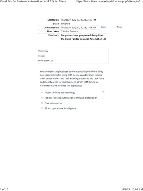 cloud pak for business automation level 2 quiz attempt review pdf