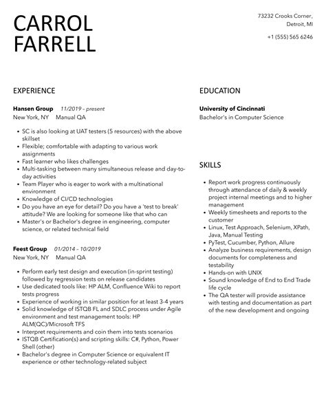Manual QA Resume Samples Velvet Jobs