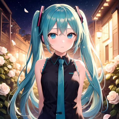 Face Focus Masterpiece Best Quality 1girl Hatsune Miku White Roses Petals Night Background
