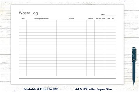 Waste Log Printable Waste Tracker Template Restaurant Planner Food