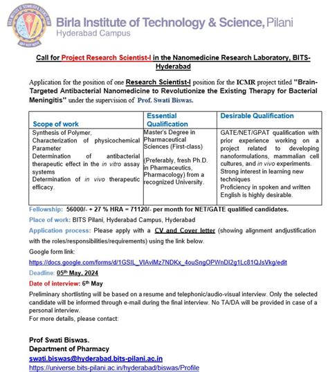 Swati Biswas On Linkedin Dear All A Project Research Assistant I Position Is Available For