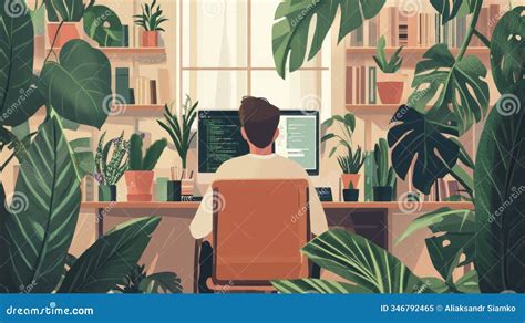 Person Coding At A Desk Surrounded By Lush Indoor Plants Stock Illustration Illustration Of Person Coding At A Desk Surrounded By Lush Indoor Plants Stock Illustration Illustration Of