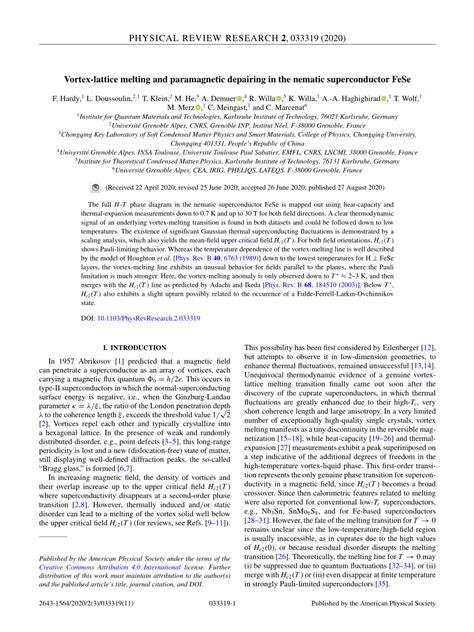 Pdf Vortex Lattice Melting And Paramagnetic Depairing In The Nematic Superconductor Fese