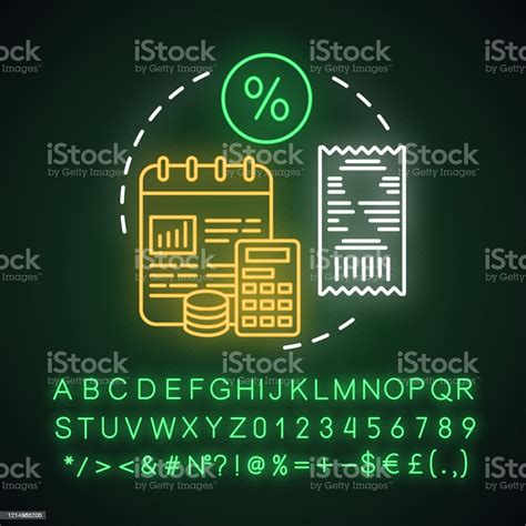 예금 계산기 네온 빛 개념 아이콘입니다 저축 아이디어 회계 도구 예산 및 자금 조달 이익 계산 알파벳 숫자 및 기호와 빛나는 기호 벡터 절연 그림 영수증에 대한 스톡 벡터