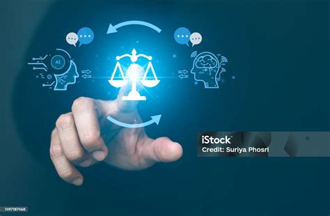 Ai 윤리 또는 Ai 법률 개념 Ai 윤리 강령 개발 규정 준수 규정 표준 비즈니스 정책 및 기계 학습 알고리즘의 의도하지 않은 편향으로부터 보호하기 위한 책임 감시에 대한