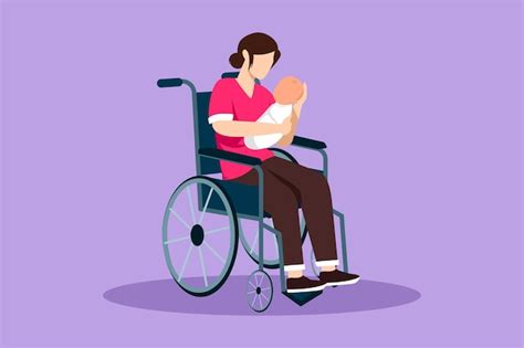그래픽 플랫 디자인 그리기 부모와 갓 태어난 아기 아름다운 여인이 휠체어에 앉아 있는 아기를 안고 있습니다 장애인 여성이 그녀의
