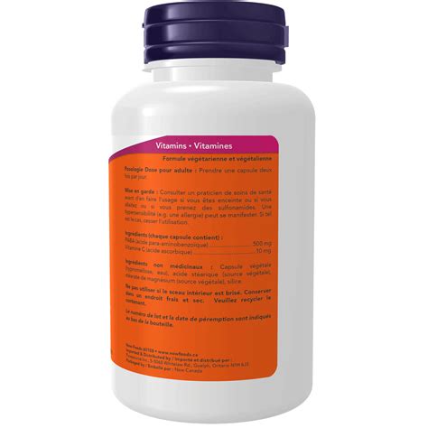 PABA 500 mg with Vitamin C Veg Capsules - Now Foods Canada