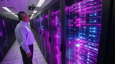 A Man In A Server Room Looks Up At The Rows Of Glowing Servers Premium Ai Generated Image