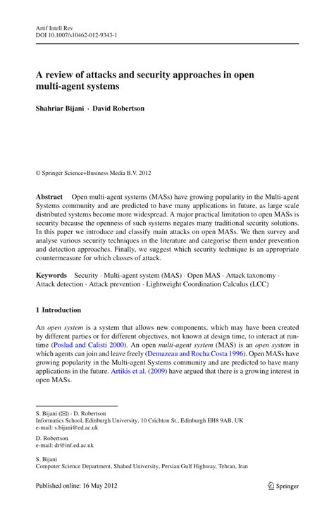 Pdf A Review Of Attacks And Security Approaches In Open Multi Agent