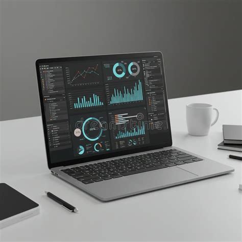 Laptop Displaying Data Analytics Dashboard With Charts And Graphs On A Modern Stock Image
