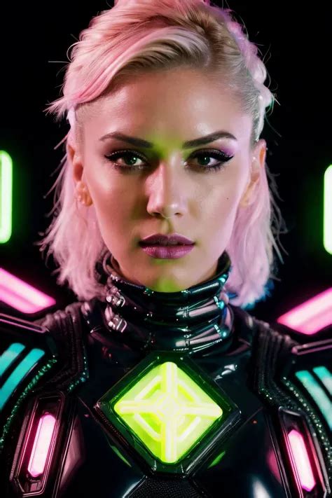 一名身穿未来主义风格套装、胸前挂着霓虹灯的女性 Seaart Ai