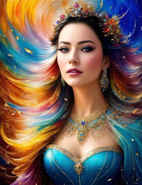 نقاشی دیجیتال از چهره دختر و شاهزاده زیبا با موهای رنگارنگ تصویر با