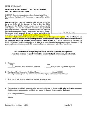 Fillable Online Alabama Or Poration Duplicate Name Reservation Form
