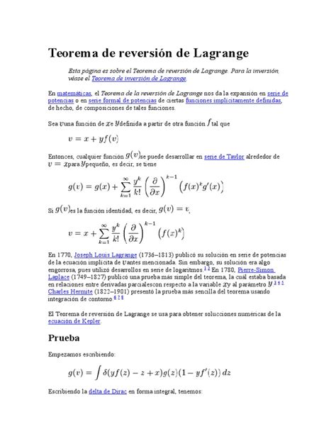 Teorema De Reversión De Lagrange Pdf Derivado Función Continua