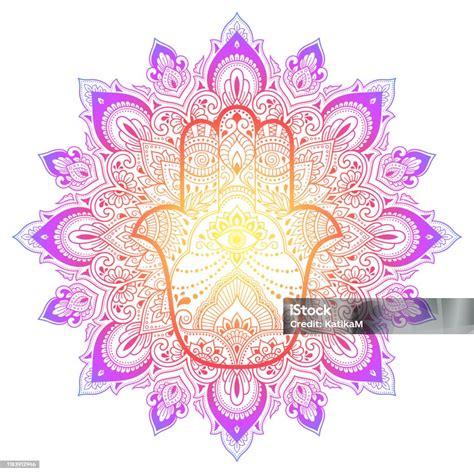 장식 고대 손으로 그린 기호 함사 만다라의 형태로 색상 원형 패턴 동양 스타일의 장식 장식 흰색 배경에 무지개 디자인입니다