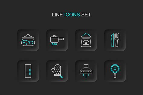 세트 라인 프라이팬 주방 추출기 팬 오븐 장갑 냉장고 교차 나이프와 포크 저울 불에 냄비 및 아이콘 벡터 건강한 생활방식에 대한 스톡 벡터 아트 및 기타 이미지 Istock