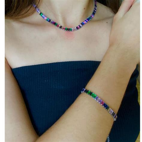 Conjunto Colar E Pulseira Riviera De Aço Inox Não Escurece Pedra