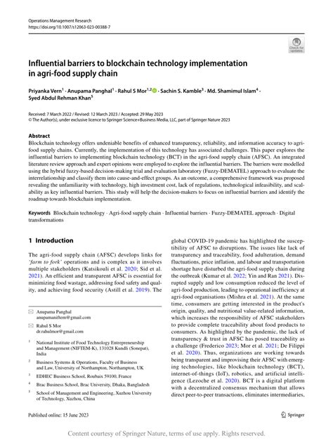 Influential Barriers To Blockchain Technology Implementation In Agri