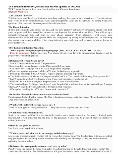 Tcs Technical Interview Questions And Answers Updated On Oct 2021 Pdf