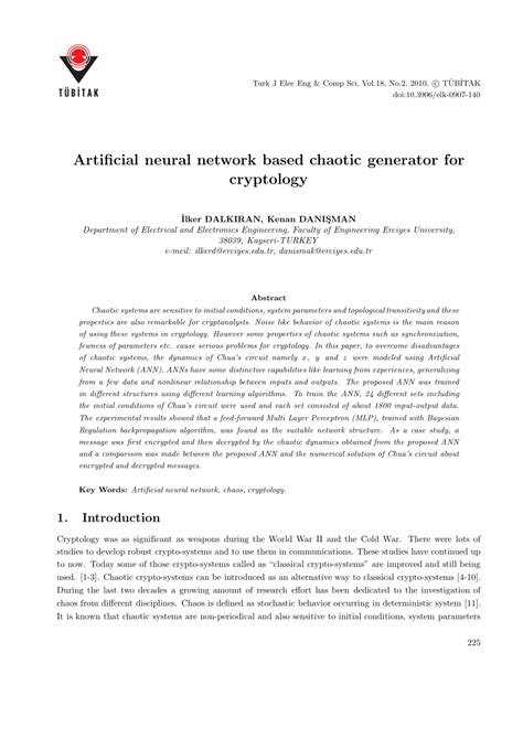 Pdf Artificial Neural Network Based Chaotic Generator For Cryptology
