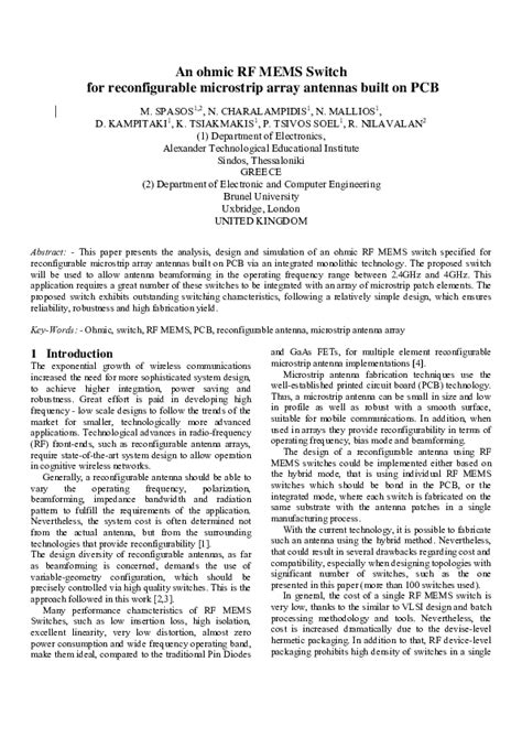 Pdf An Ohmic Rf Mems Switch For Reconfigurable Microstrip Array Antennas Built On Pcb