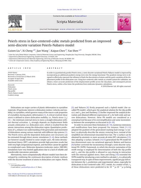 Pdf Peierls Stress In Face Centered Cubic Metals Predicted From An