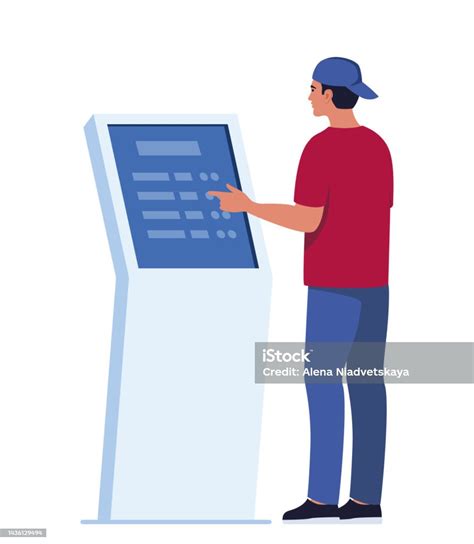 터치 스크린이있는 셀프 서비스 지불 및 정보 전자 단말기를 사용하는 남자 플랫 스타일의 벡터 일러스트레이션입니다 키오스크에 대한