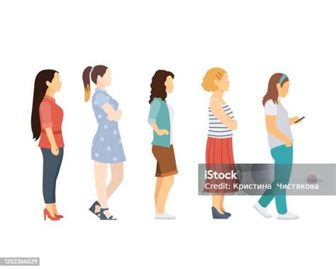 만화 여성의 전체 길이에 대해 줄에 서 플랫 벡터 일러스트레이션 5명에 대한 스톡 벡터 아트 및 기타 이미지 5명 가득 찬 개념 Istock